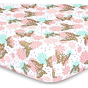 The Peanutshell Crib Sheet Set for Baby Girls | Pink and Gold Butterfly & Pink Ditsy Floral | 2 Pack Set