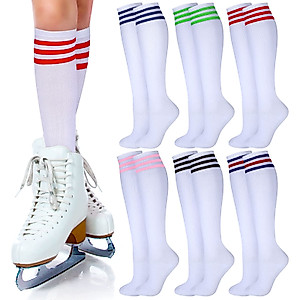 Unittype 6 Pair White Knee High Socks for Women Striped Socks Long Socks Tube Socks Roller Skate Socks for Girls Youth Gift