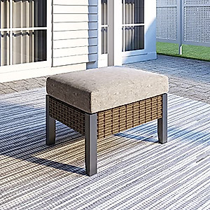 LOKATSE HOME Outdoor Wicker Ottoman Patio Rattan Furniture Metal Footrest Seat Square Footstool with Cushion