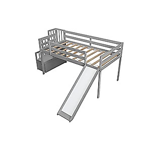 MOEO Twin Size Loft Bed with Slide and Stairs, Wood Bedframe Bedroom Guest Room Furniture,Safety Rail & Storage Shelves for Kids Teens Girls Boys, No Box Spring Needed, Gray