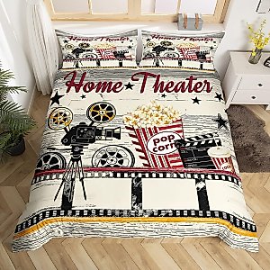 Vintage Cinema Style Bedding Set King for Boys Girls Family Home Theater Decor Duvet Cover Movie Themed Comforter Cover Retro Movie Theater Decor Bedding Movie Night Film Theme Bedspread Cover 3 Pcs