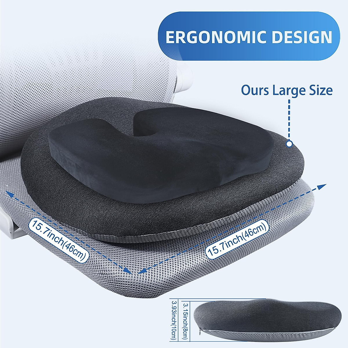 Seat Cushion for Office Chair Car - Memory Foam Chair Pad Sciatica & Back Coccyx Tailbone Pain Relief - Non-Slip Ergonmic Butt Pillow for Computer Desk, Wheelchair, Gaming School Chair - Grey