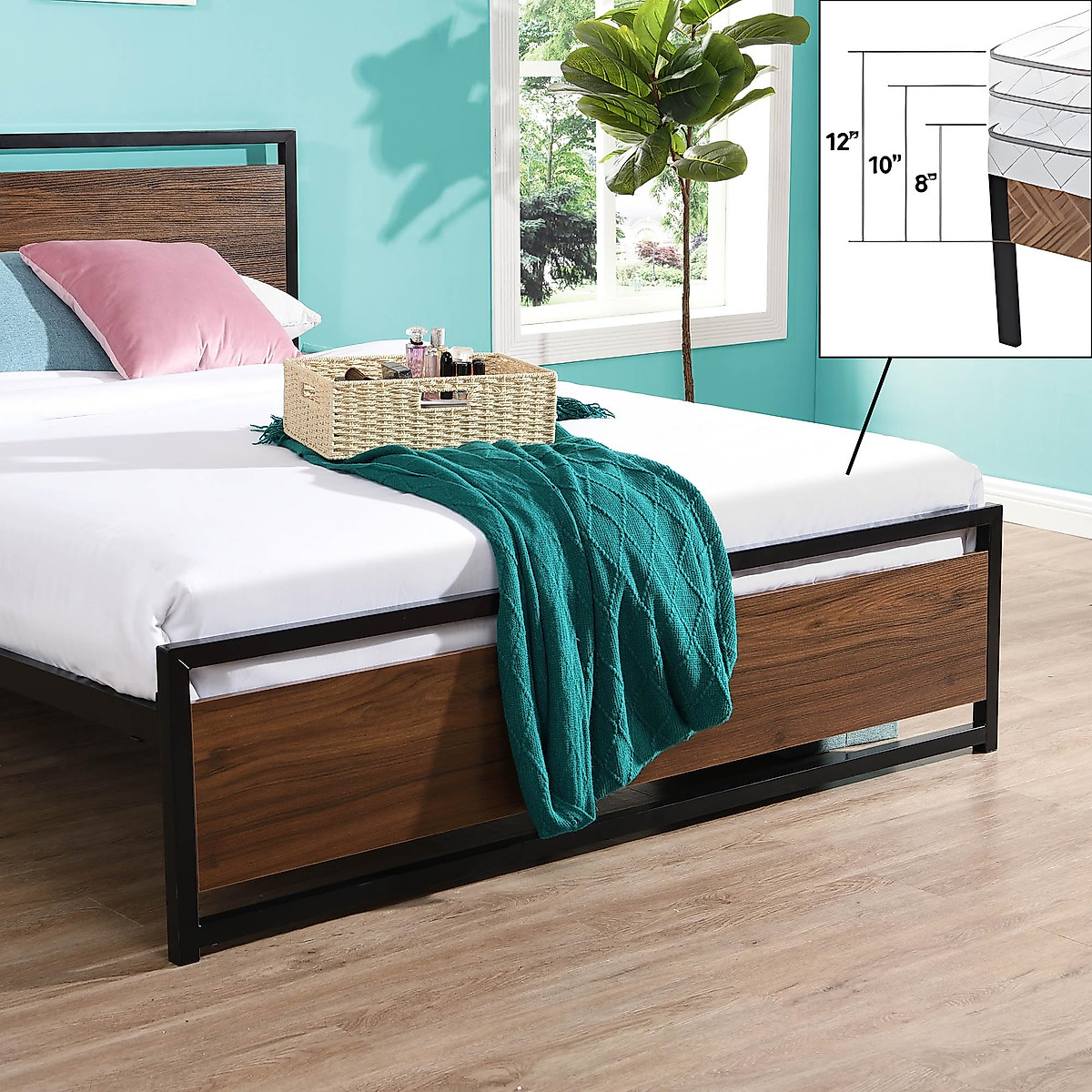 Queen Size Metal Bed Frame,Industrial Platform Queen Bed Frame with Headboard and Footboard,Mattress Foundation with Strong Steel Slat Support,11" Under Bed Storage Space,Easy Assembly