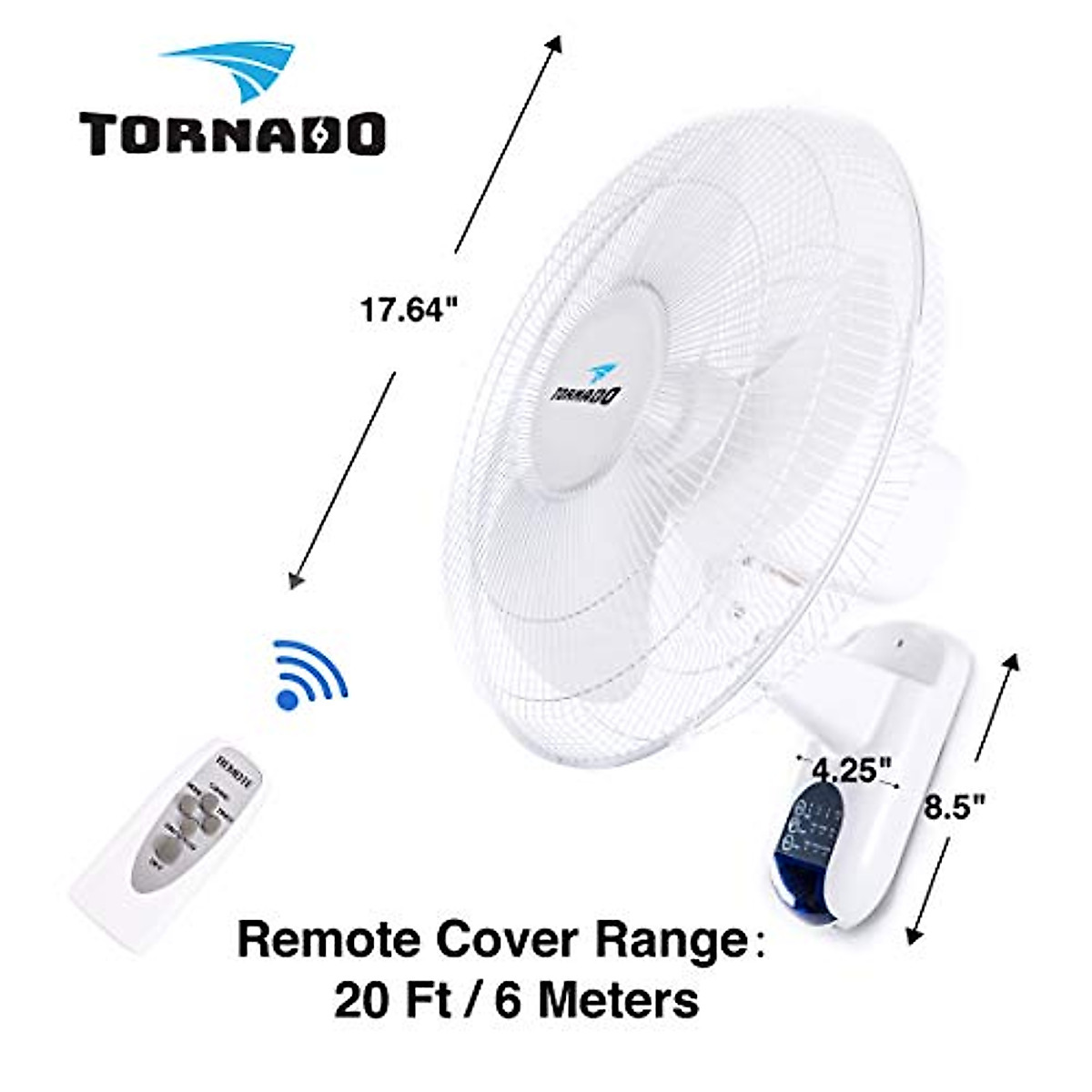 Tornado 16 Inch Oscillating Wall Mount Fan Remote Control Included 3 Speed 2650 CFM 6 FT Cord UL Safety Listed