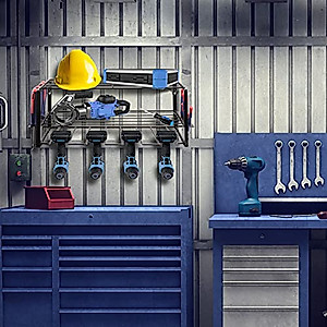 Power Tool Organizer Garage Organization with 4 Drill Holders, Power Tool Organizer and Storage Wall mount, Heavy Duty Metal Garages Shelf, Utility Rack for Screwdriver Pegboard Shed Workshop, Black