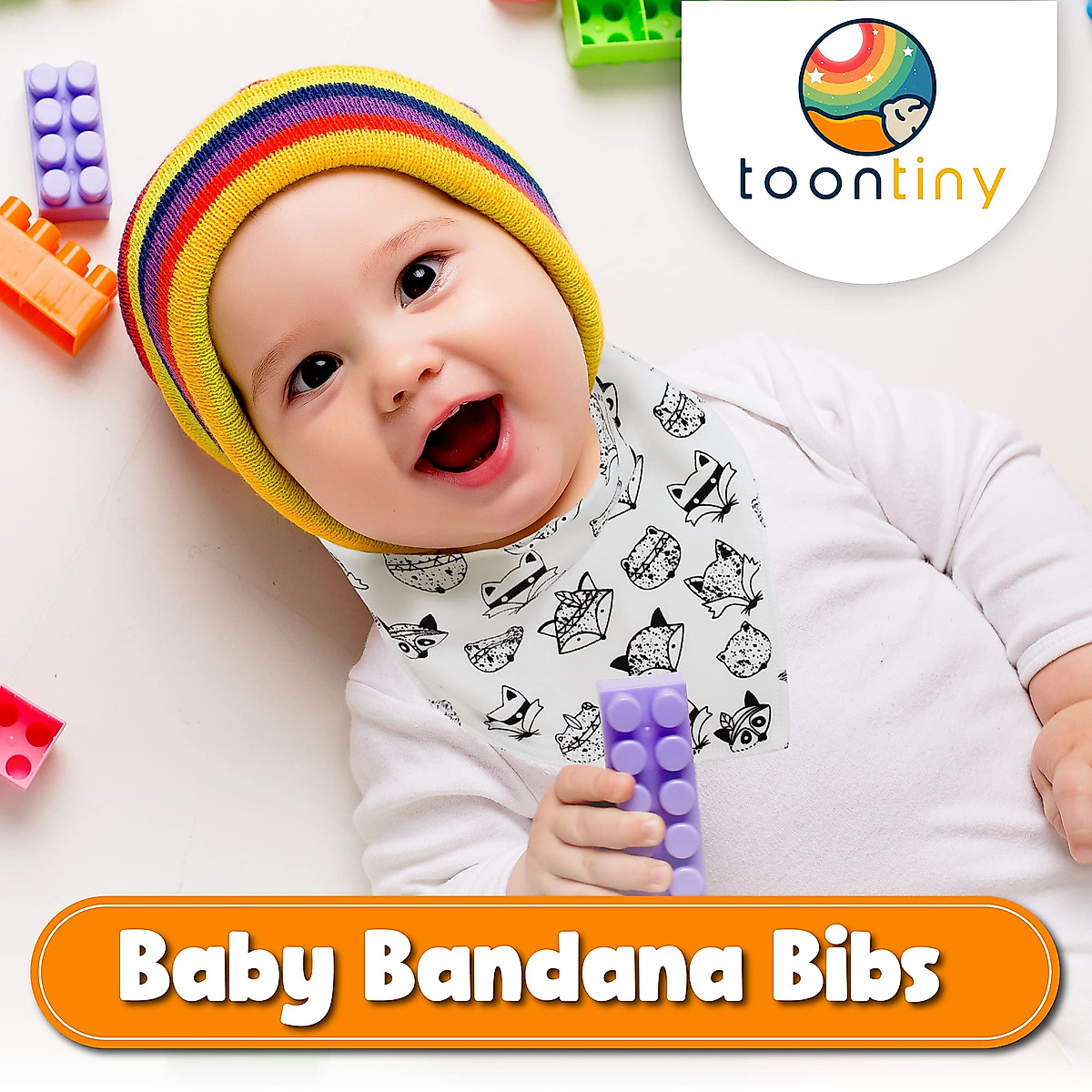 TOONTINY Baby Bandana Bibs Boy & Girl - Pack of 10 Baby Bibs 100% Organic, Super Absorbent Unisex Adjustable Bandanna Drool Bibs - Toddler Teething Bibs for Newborn & Infant Babies