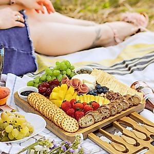 CTFT Cheese Board and Knife Set Bamboo Charcuterie Platter Serving Tray Wooden Cheese Cutting Board Set Gifts for Housewarming Anniversary Wedding Birthday