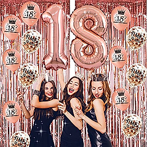 18th birthday decorations for girls - (76pack) rose gold party Banner, Pennant, Hanging Swirl, birthday Balloons, Foil Backdrops, cupcake Topper, plates, Photo Props,Sash,happy 18th Birthday gifts