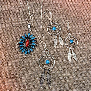 Blue Turquoise Western Jewelry Native American Indian Dream Catcher Feather Dangle Earrings For Women Teen .925 Sterling Silver