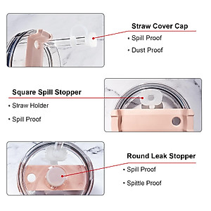 Straw Cover Spill Stopper Set Compatible with Stanley Cup 40 oz 30 oz Quencher H2.0, 2 Silicone Straw Cover Cap, 2 Square Spill Stopper and 2 Round Leak Stopper for Stanley Tumbler Accessories