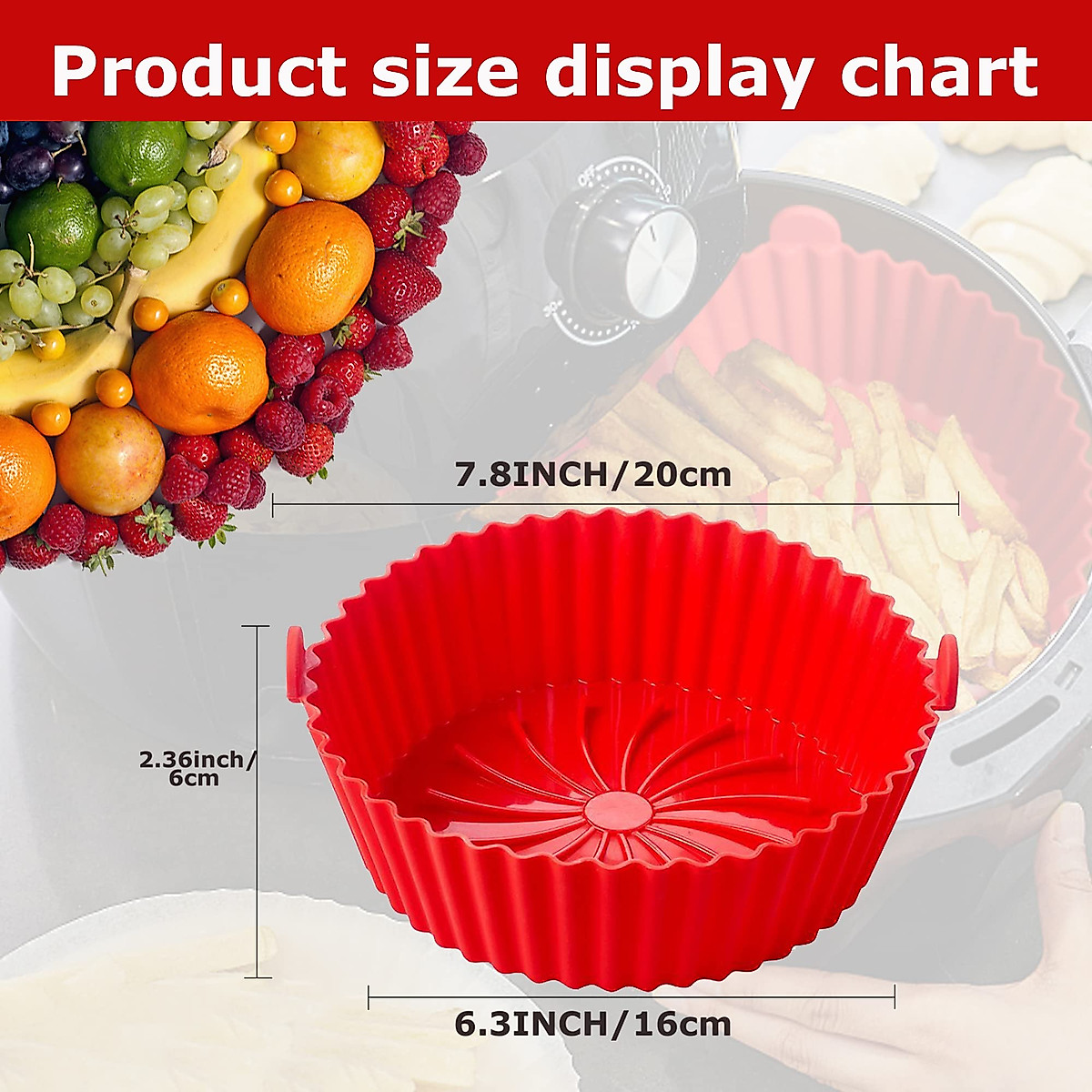 7.8"Air Fryer Silicone Pot Replaces Flammable Parchment Liner, Reusable Air Frying Pan Oven Accessories Circular Tray, Round Tray Suitable for Dishwasher Fridge Oven Outdoor Fruit Basket(Red)