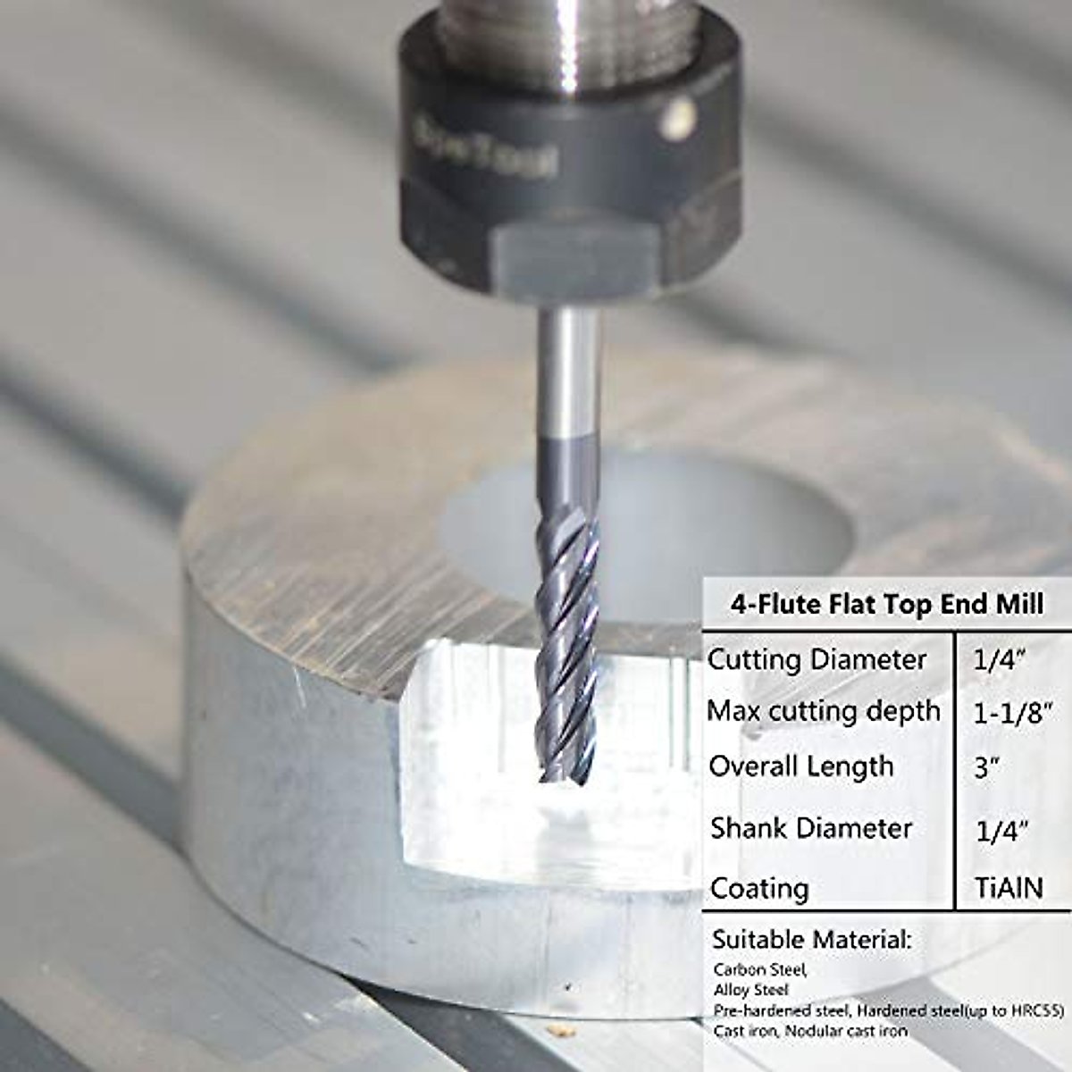 SpeTool 12411 4 Flutes Carbide CNC Square Nose End Mill, 1/4 inch Shank Diameter, 3 inch Long, Upcut CNC Router Bit with Coated