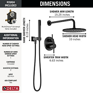 Delta Faucet Modern Raincan 2-Setting Round Shower System Including Rain Shower Head and Handheld Spray Black, Rainfall Shower System Brushed Black, Shower Valve Trim Kit, Matte Black 342702-BL