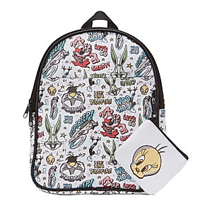 AI ACCESSORY INNOVATIONS Looney Tunes All Over Print Faux Leather 10.5" Women’s White Mini Backpack Purse 2-Piece Set