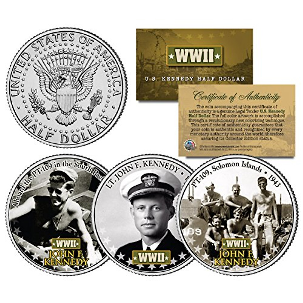 Lieutenant JOHN F KENNEDY World War II Navy JFK Half Dollar U.S. 3-Coin Set WWII