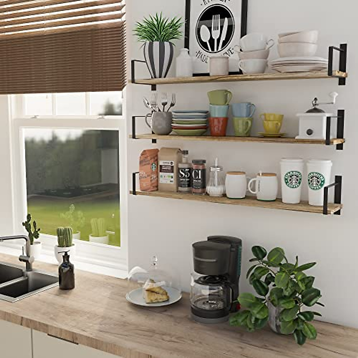 Wallniture Toledo Floating Bookshelf Set of 3, Wood Floating Shelves for Wall Storage, 36"x6" Long Wall Shelves for Living Room, Bathroom, Bedroom, Kitchen Pantry,Burnt Finish