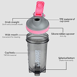 XTK Shaker Bottle Clear Protein Shaker Cup with Mixing Ball 16OZ Leak-Proof Extra-Durable Gym Bottle for Work Out,Shaker for Protein Power Shakes,Handle Portable,Curved Bottom,BPA Free(Pink)