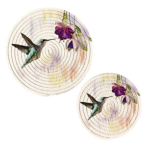 YYZZH Hummingbird Purple Flower Digital Painting Bird Floral Pattern Pot Holders Trivets Set of 2 Round Cotton Thread Weave Potholders for Kitchens Hot Pads Table Mats Coasters for Hot Dishes
