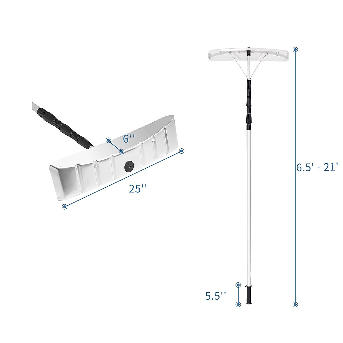 IRONMAX Telescoping Snow Roof Rake, 21FT Lightweight Aluminum Snow Removal Tool with 25 Inch Blade and Extendable Pole, Roof Rakes for Snow, Leaves and Debris Removal