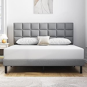 Molblly Queen Bed Frame Upholstered Platform with Headboard and Strong Wooden Slats,Non-Slip and Noise-Free,No Box Spring Needed, Easy Assembly,Light Gray