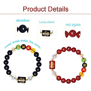 KESOCORAY Feng Shui Obsidian Red Agate Wealth Five-Element Yoga Pure Heart Bracelet for Good Luck