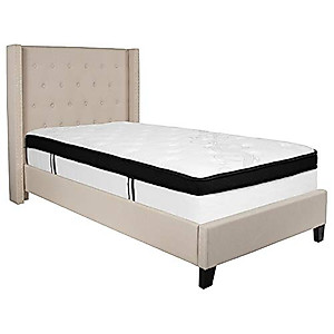 Flash Furniture Riverdale Twin Size Tufted Upholstered Platform Bed in Beige Fabric with Memory Foam Mattress