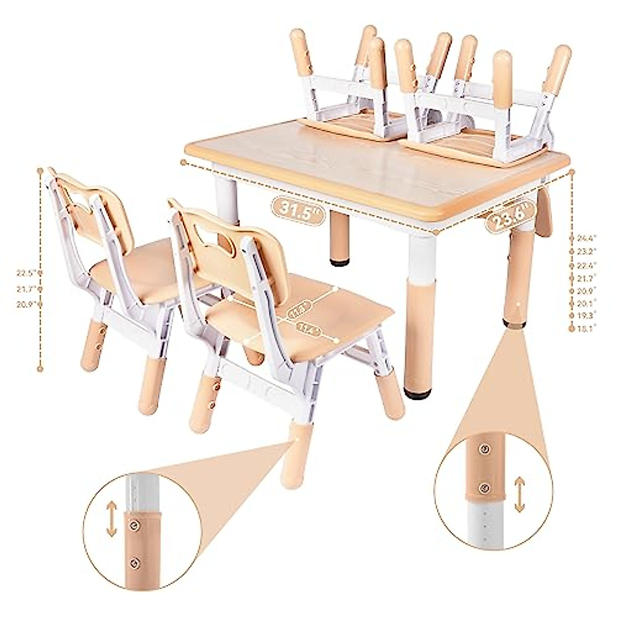 DOREROOM Height-Adjustable Kids Table and 4 Chairs Set, Toddler Table and Chair Set with Graffiti Desktop, 31.5''L x 23.6''W Children Activity Table for Daycare, Classroom, Home