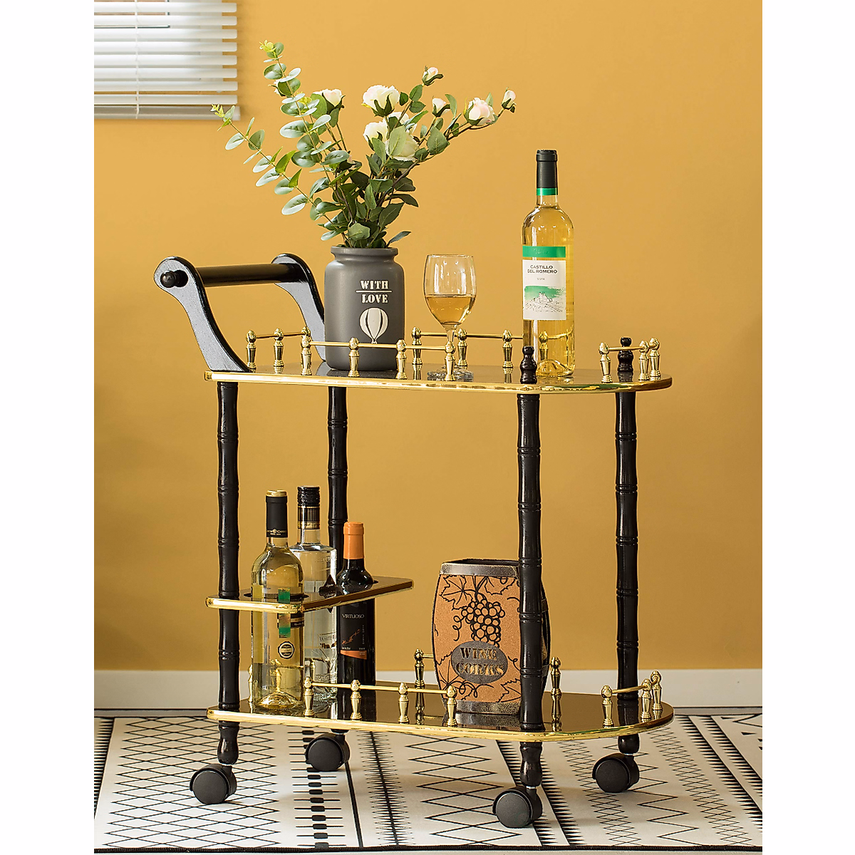 Serving Bar Cart Tea Trolley, 2 Tier Shelves on Rolling Wheels, Mobile Liquor Bar for Wine Beverage Drink Dinner Party, Utility Kitchen Storage Island Coffee Cabinet for Dining Living Room, Wood Brown