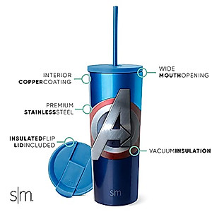 Simple Modern Marvel Insulated Tumbler Cup with Flip Lid and Straw Lid | Gifts for Women Men Reusable Stainless Steel Water Bottle Travel Mug | Classic Collection | 24oz Avengers Shield