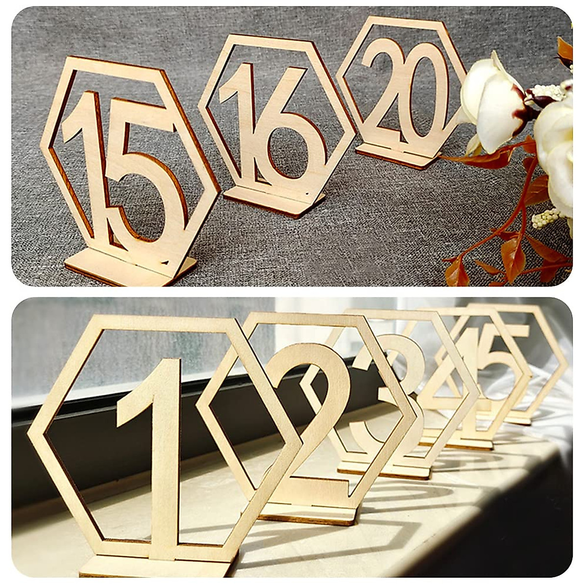 SYCOOVEN Wooden Table Numbers, 1-10 Wedding Table Numbers with Holder Base, Double Sided Hexagon Shape Perfect for Wedding, Party, Events or Catering Decoration(11-20)