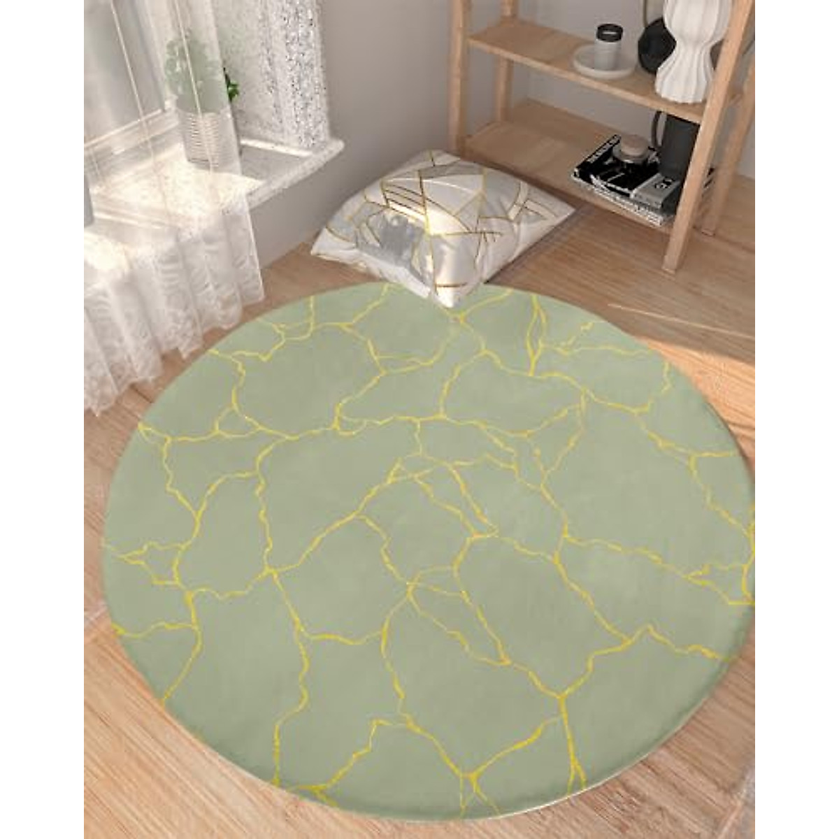 Sage Green Fluffy Round Area Rug Carpets 3.3ft, Plush Shaggy Carpet Soft Circular Rugs, Non-Slip Fuzzy Accent Floor Mat for Living Room Bedroom Nursery Decor Gold Geometric Line Country Rustic Art