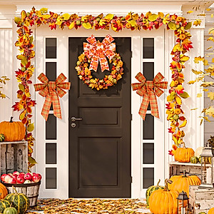 Whaline 6 Rolls Fall Thanksgiving Burlap Ribbon 30 Yard Orange Plaid Autumn Harvest Ribbon Pumpkin Fall Leaves Wired Edge Wrapping Ribbon Rustic Craft Ribbon for Wreath Floral Bows Craft Decor, 2.5In