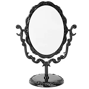 LEORX Vintage Desktop Makeup Mirror Acrylic Rose Pattern Rotatable Vanity Mirror for Bedroom and Bathroom 22 x 16 x 9.5cm (Black)
