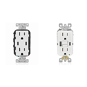 Leviton T5635-W USB Dual Type-C with Power Delivery (PD) In-Wall Charger, White & GUAC1-W 15A SmartlockPro Self-Test GFCI Combination 24W(4.8A) Type A/C USB in-Wall Charger Outlet, White