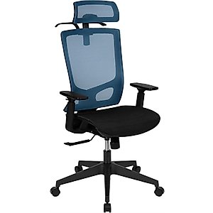 Flash Furniture Layla Ergonomic Mesh Office Chair with Synchro-Tilt, Pivot Adjustable Headrest, Lumbar Support, Coat Hanger and Adjustable Arms in Blue/Black