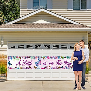 Labakita A Little Butterfly is on Her Way Banner, Purple Butterfly Baby Shower Decorations for Girl, Girl Baby Shower Banner for Courtyard / Garden / Yard, Gender Reveal Decorations