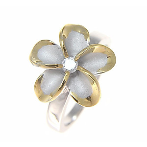 Arthur's Jewelry Sterling silver 925 Hawaiian plumeria flower cz ring 15mm rhodium and yellow gold plated 2 tone size 8.5