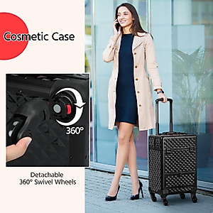 Yaheetech Rolling Makeup Train Case Aluminum Cosmetic Case with Wheels Barber Case Salon Lockable Travel Trolley with Sliding Drawers Removable Divider, Black/Red