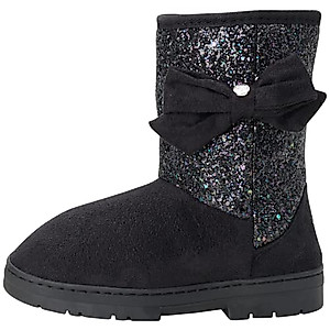 bebe Girls Winter Micro Suede Boots with Rhinestone Embellished Logo & Bow, Black Glitter, Size 2 Little Kid