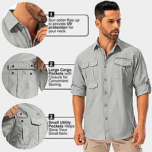 Mens Safari Shirt Fishing Hiking Clothes SPF 50 Sun Protection Long Sleeve Outdoor Quick Dry Vented Breathable Cool Utility Cargo Shirts (5068 Light Grey 3XL)