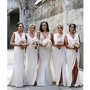 Women's V Neck Chiffon Bridesmaid Dresses with Slit Long Mermaid Formal Party Dresses Ruched Prom Dress Wisteria Size 14