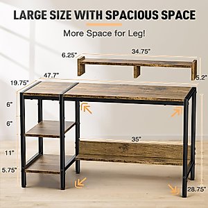 Gimars Upgrade 47” Computer Home Office Desk with Monitor Stand, Rustic Writing Desk with Adjustable Shelves & Large Bookshelf, Easy Assembly Gaming Desk, Spacious, Modren Design for Home Office