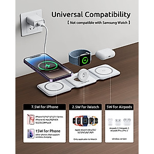 Foldable Wireless Charger, 3 in 1 Wireless Charging Station for iPhone 15/14/13/12/11 Pro Max/X/XS, Fast Magnetic Travel Wireless Charging Pad for AirPods 3/2/Pro Apple Watch