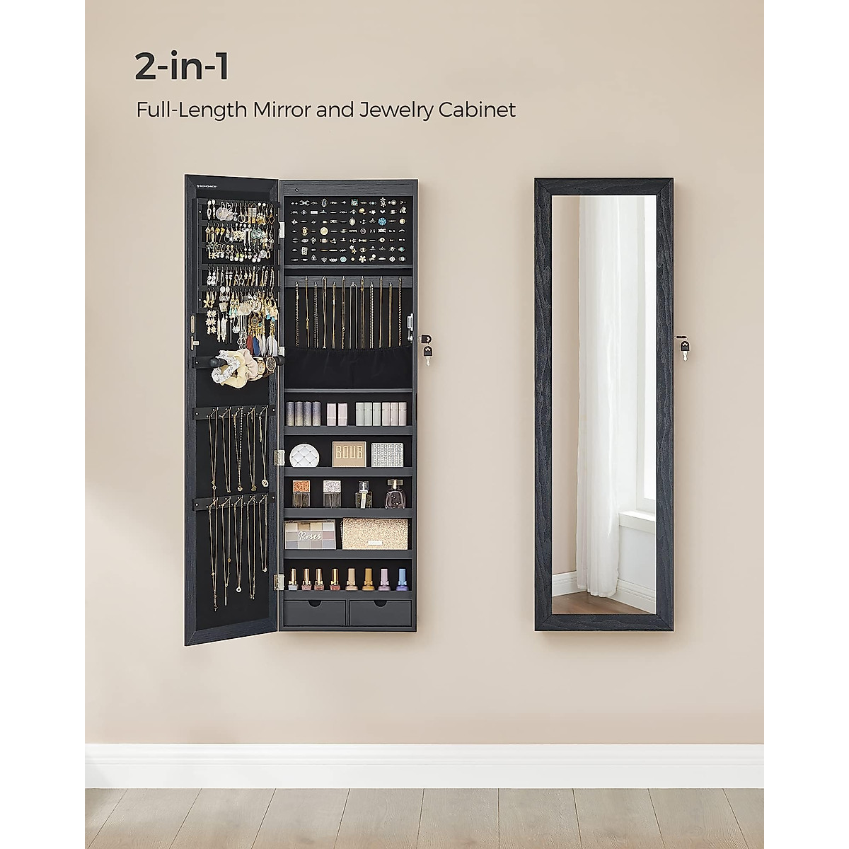 SONGMICS 6 LEDs Mirror Jewelry Cabinet, 47.2-Inch Tall Lockable Wall or Door Mounted Jewelry Armoire Organizer with Mirror, 2 Drawers, 3.9 x 14.6 x 47.2 Inches, Black UJJC093B01