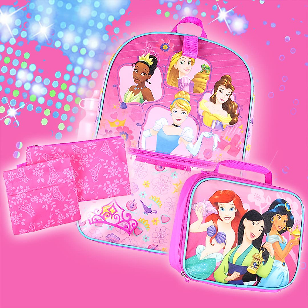 Disney Princess 16” Backpack for Girls 5 Piece School Lunch Box Set
