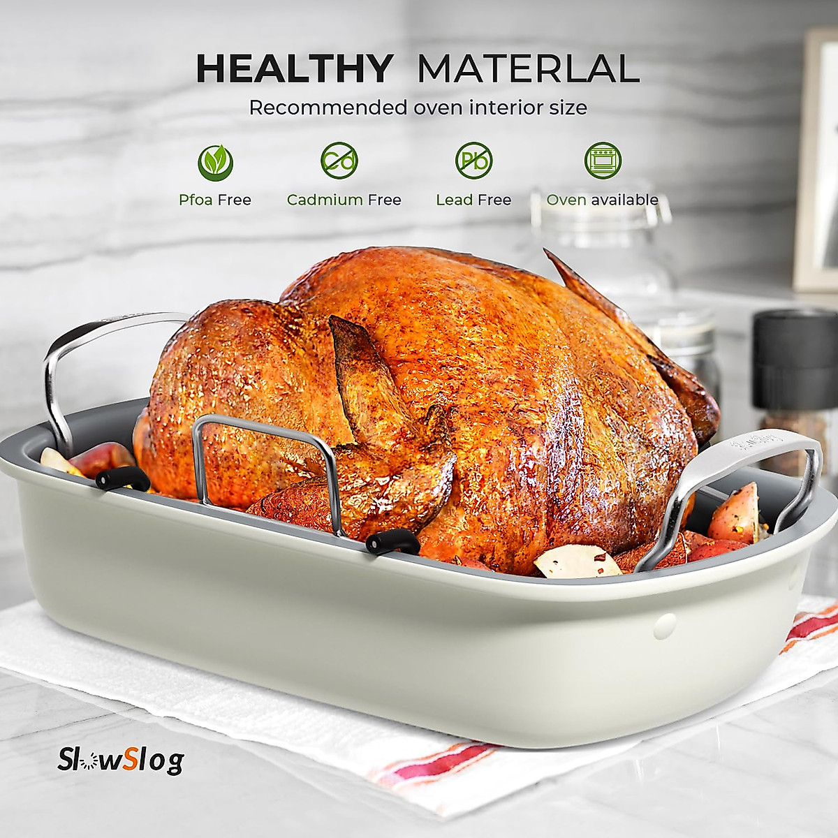 Slow Slog Roasting Pan, 17 Inch x 13 Inch Roaster with Removable Rack, Nonstick Roaster Pan for Roasting Turkey, Meat & Vegetables (Beige)