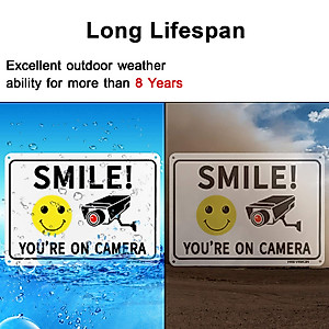 HISVISION 2 Pack Smile You're on Camera, Video Surveillance Sign, 10"x7" Rust Free Aluminum Metal Warning Sign UVresistance, Waterproof, Easy to Install for Home House and Business