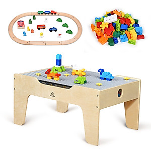 KRAND Kid's Multi-Purpose Activity Play Table with 60 Big Building Bricks and 30-Piece Wooden Train Set for Toddlers(Big-peg Baseplate Version)