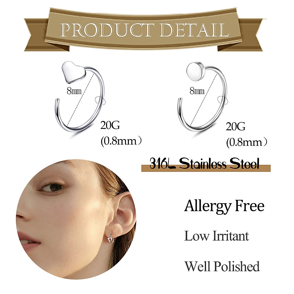 JOERICA 21 Pairs Half Hoop Earrings Stainless Steel Small Huggie Hoop Earrings Butterfly Heart Star Moon Bar Cross Dot CZ Half Hoop Cartilage Piercing Earrings Tiny Hoop Stud Earrings