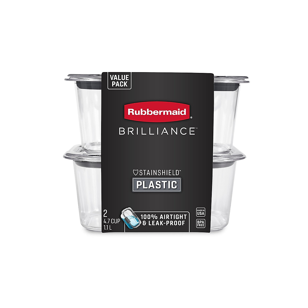 Rubbermaid 2-Piece Brilliance Food Storage Containers with Lids for Lunch, Meal Prep, and Leftovers, Dishwasher Safe, 4.7-Cup, Clear/Grey